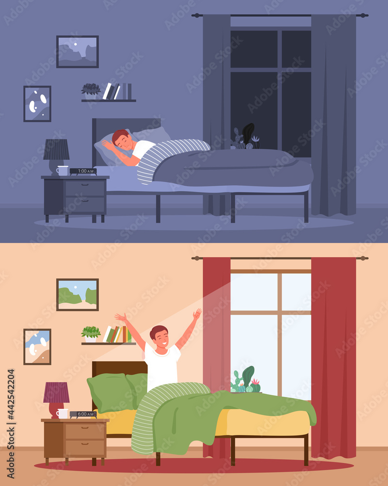 Young man sleeping, awakening in home bedroom interior vector ...