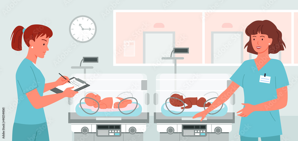 Cartoon doctor neonatologist at newborn baby background. Hospital ward ...