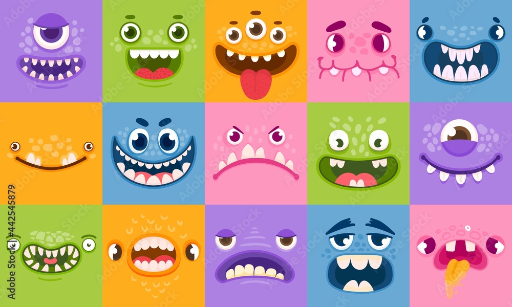 Monster faces. Funny cartoon monsters heads, eyes and mouths. Scary ...