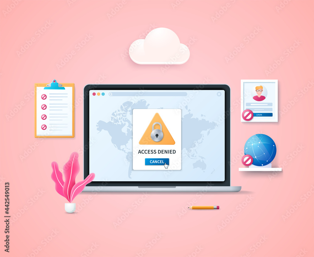Access denied concept. Laptop with open window warning that access is ...