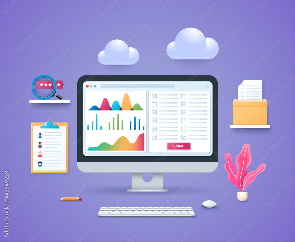 Online survey concept. Computer with open diagram, graph, vote list ...