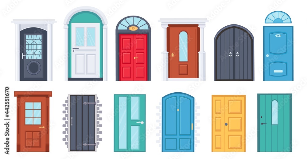 Front doors. Cartoon vintage house wooden doorway. Door with glass ...