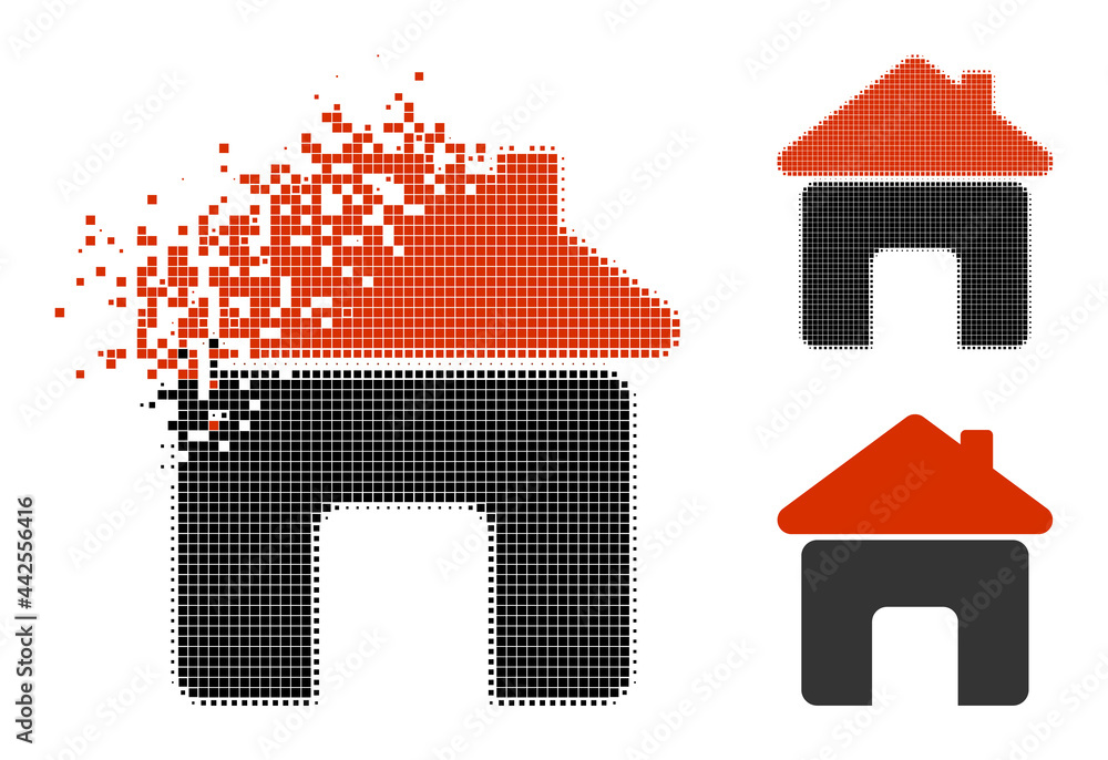 Dispersed pixelated house pictogram with halftone version. Vector ...