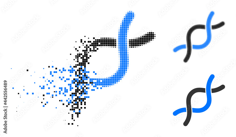 Burst pixelated DNA helix pictogram with halftone version. Vector wind ...