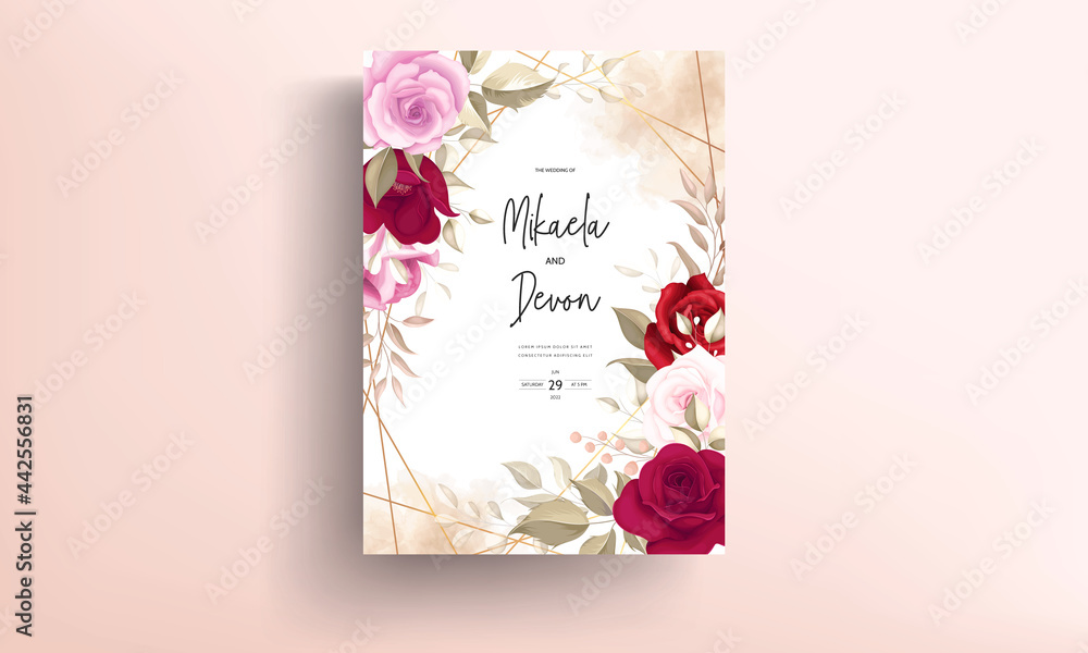 Wedding invitation card with beautiful maroon flower decoration Stock ...
