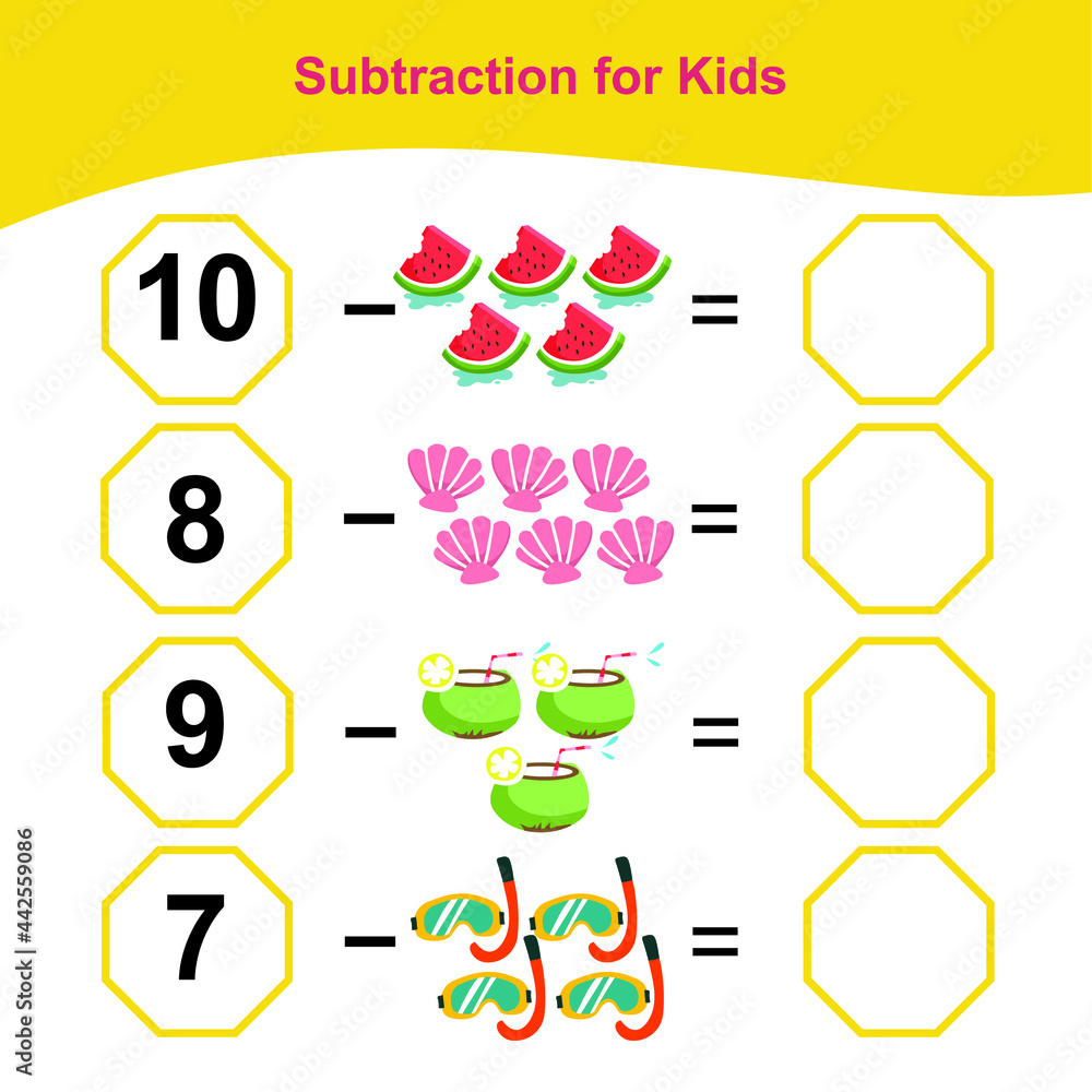 Counting Subtraction Game for Preschool Children. Educational printable ...