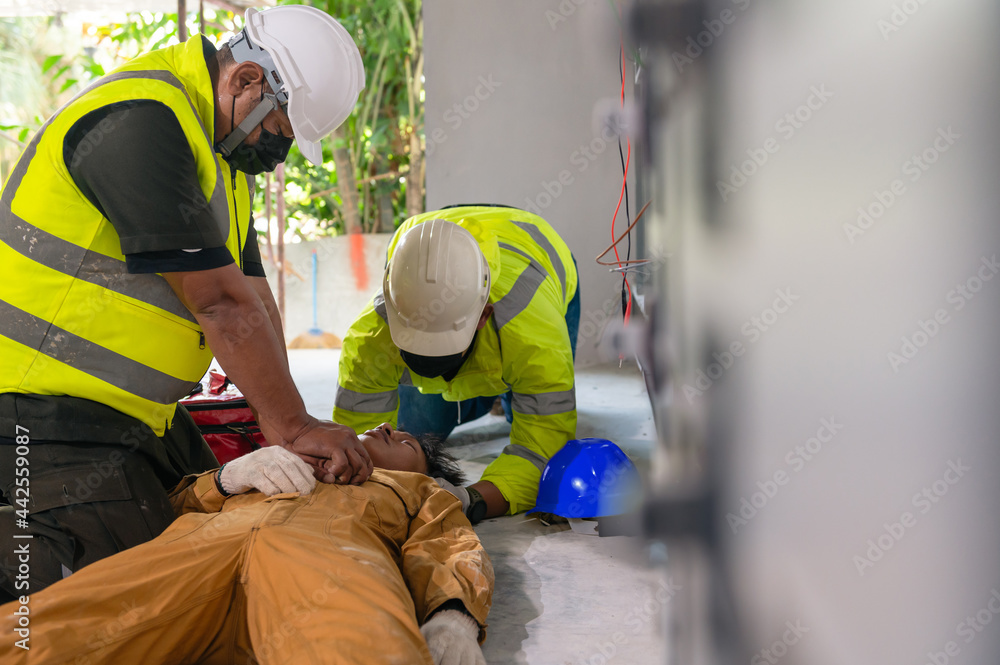 Safety team CPR for first aid electrician worker accident electric ...