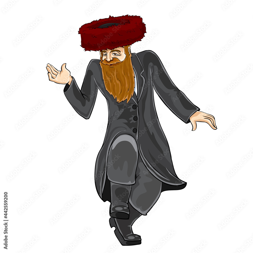 jew in hasidic hat dancing and rejoicing at something, isolated object ...