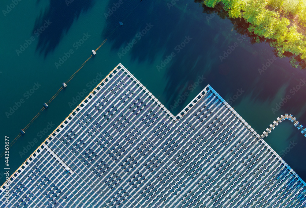 Panorama aerial view of floating solar panels cell platform on the ...