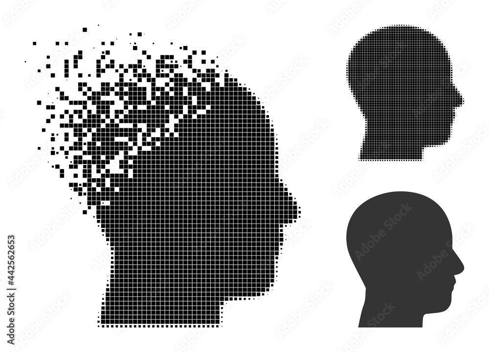 Broken dotted man profile pictogram with halftone version. Vector wind ...