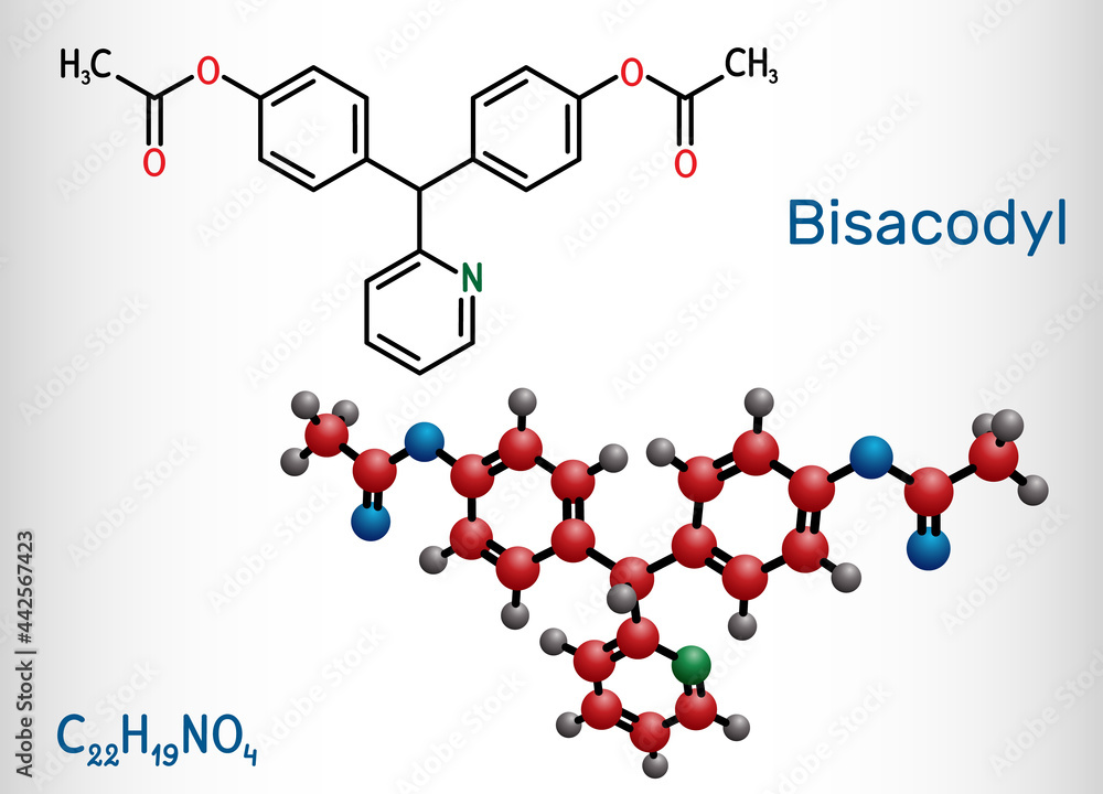 Vetor de Bisacodyl, bisacodil molecule. It is stimulant laxative drug ...