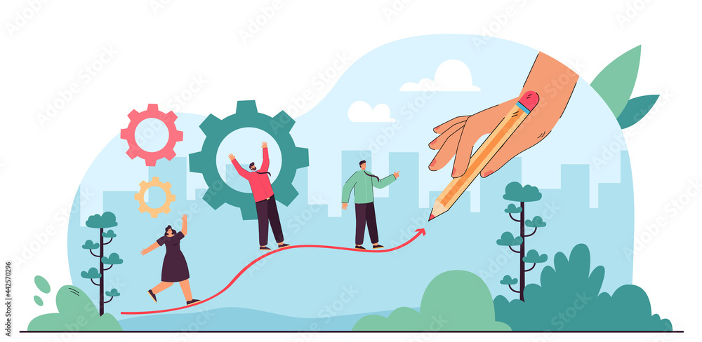 Happy people walking up growing chart flat vector illustration. Huge ...