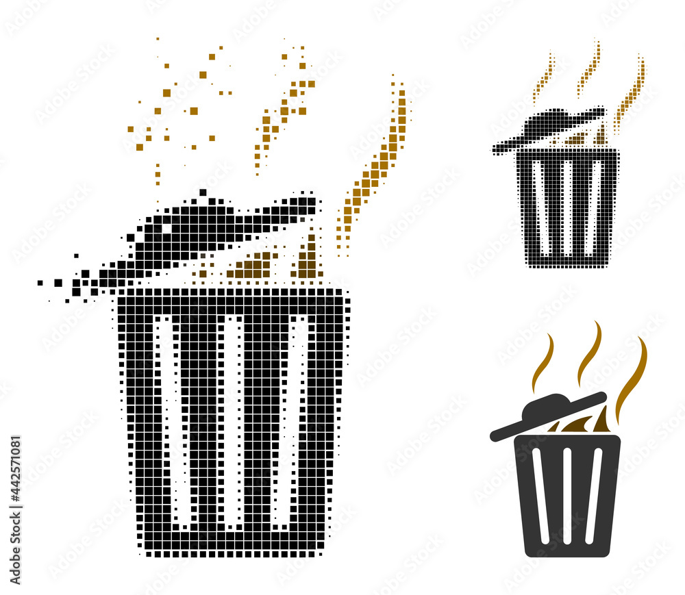 Dispersed pixelated smell trash can icon with halftone version. Vector ...