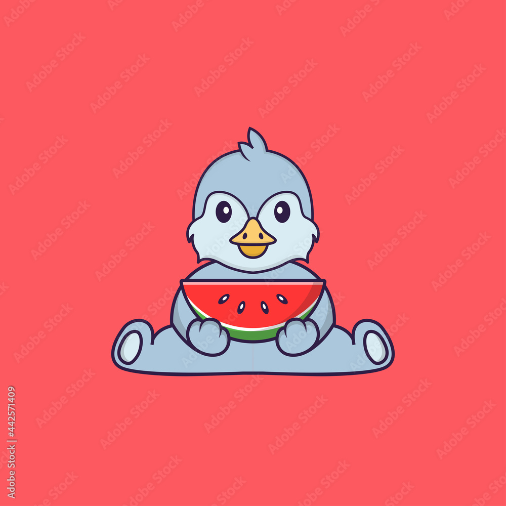 Cute bird eating watermelon. Animal cartoon concept isolated. Can used ...