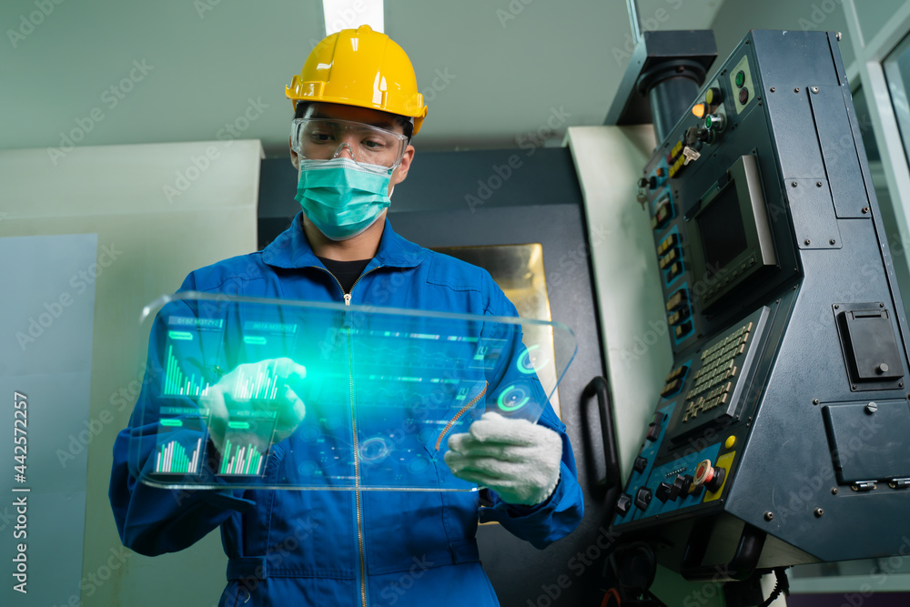 new normal and Futuristic Technology for industry 4.0 concept.smart engineer use tablet hologram ...
