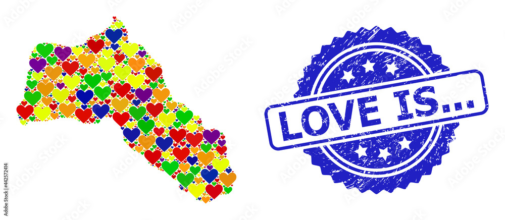 Blue rosette scratched stamp with Love Is... caption. Vector mosaic ...