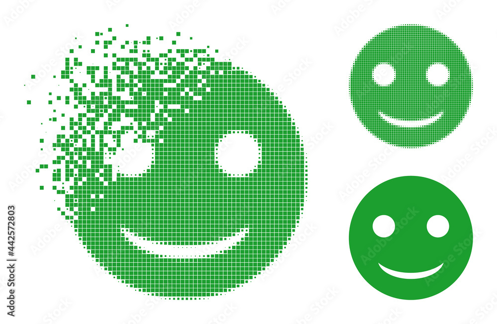 Disappearing pixelated glad smiley icon with halftone version. Vector ...