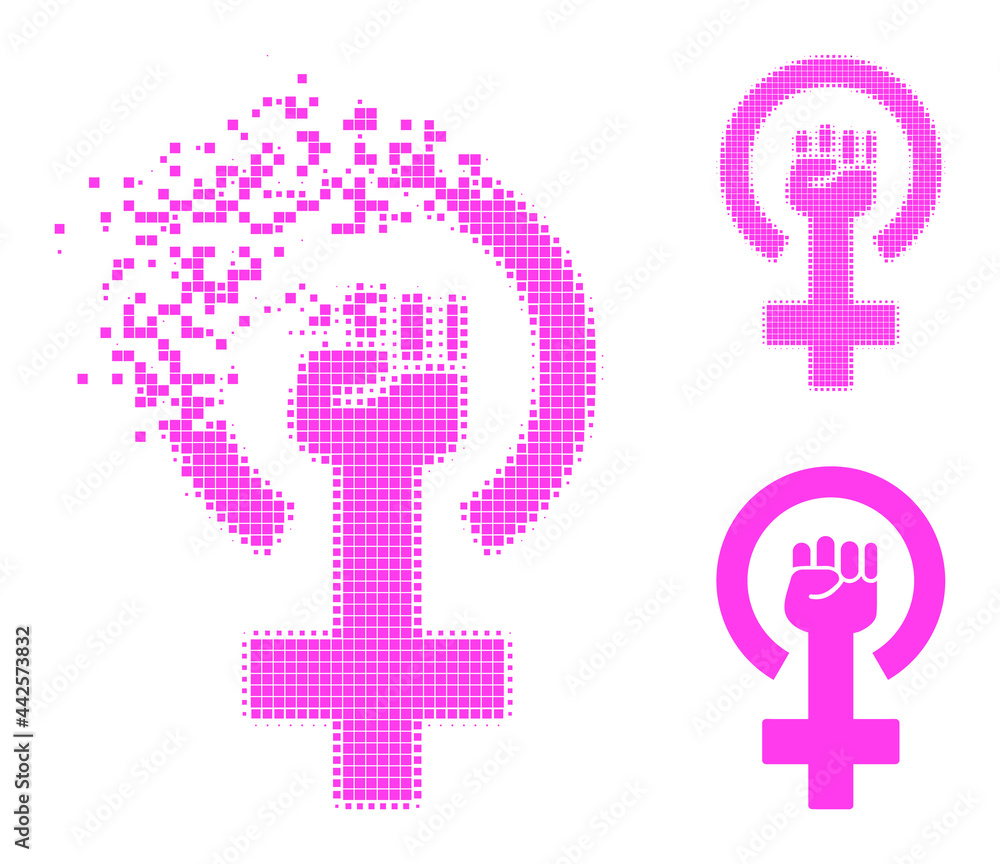 Dissolving dotted feminism symbol icon with halftone version. Vector ...