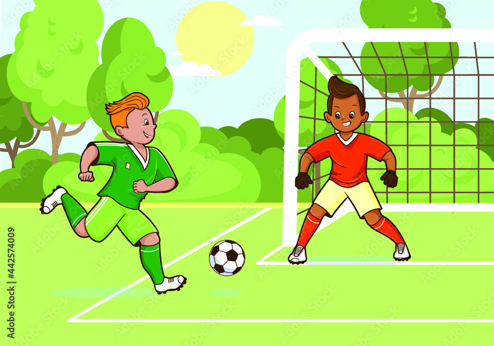 Teenage soccer players kicking soccer ball,green soccer field,soccer ...