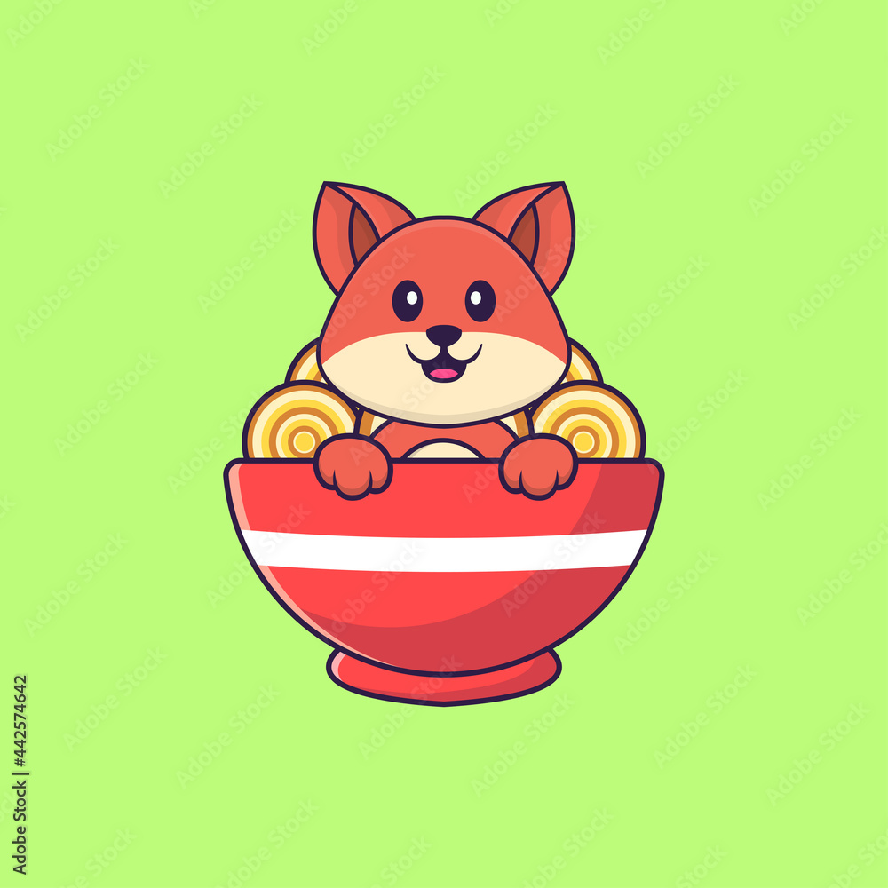 Cute fox eating ramen noodles. Animal cartoon concept isolated. Can ...