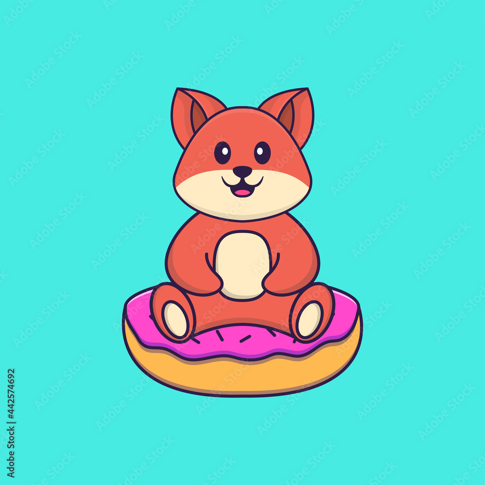 Cute fox is sitting on donuts. Animal cartoon concept isolated. Can ...