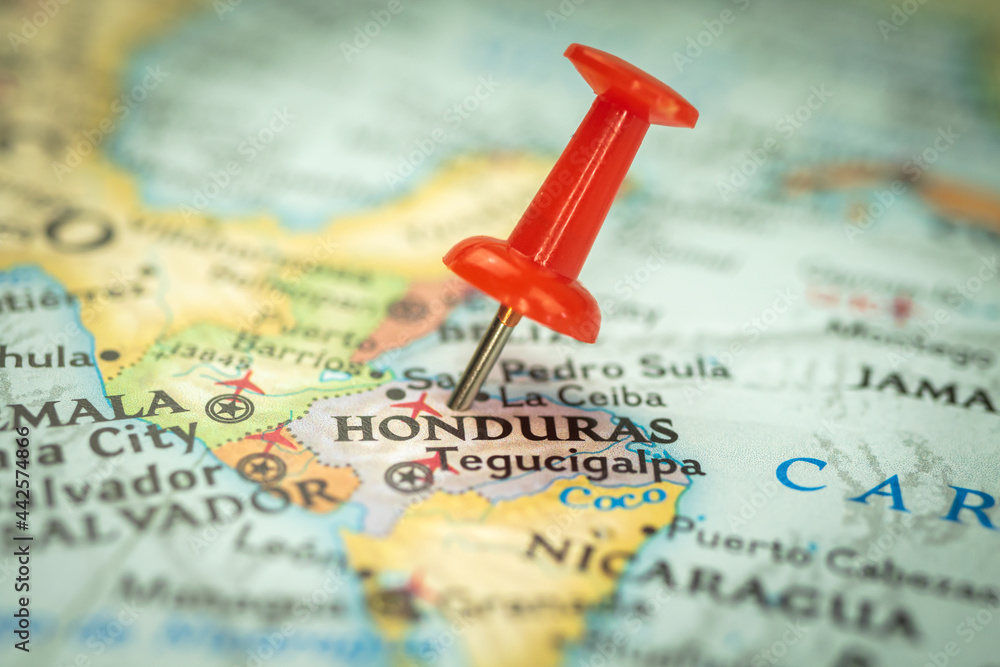 Location Honduras, red push pin on the travel map, marker and point ...