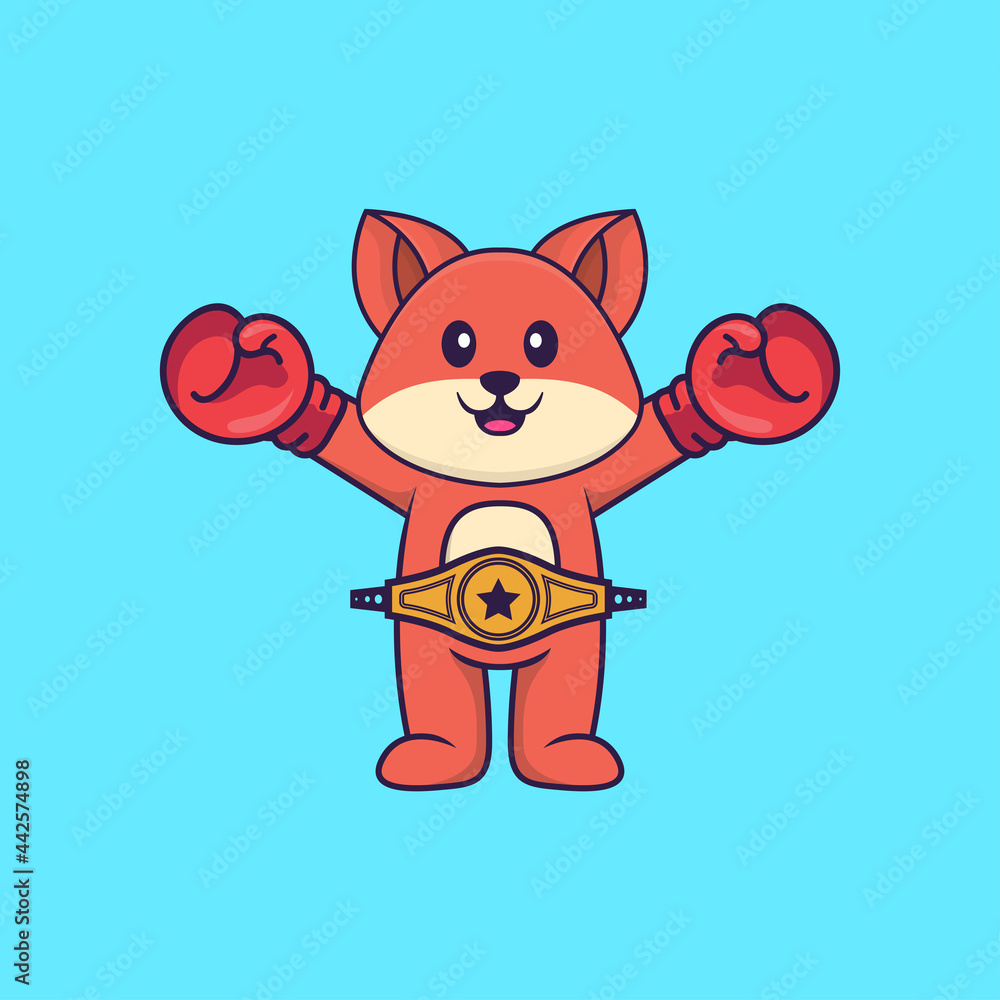 Cute fox in boxer costume with champion belt. Animal cartoon concept ...