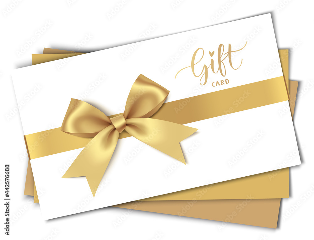 Decorative white gift card design template with gold bow and ribbon ...