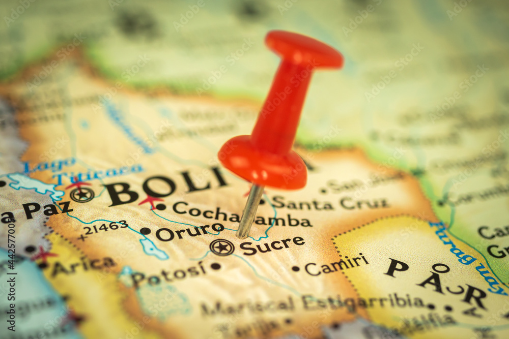 Location Sucre city on Bolivia, red push pin on the travel map, marker ...