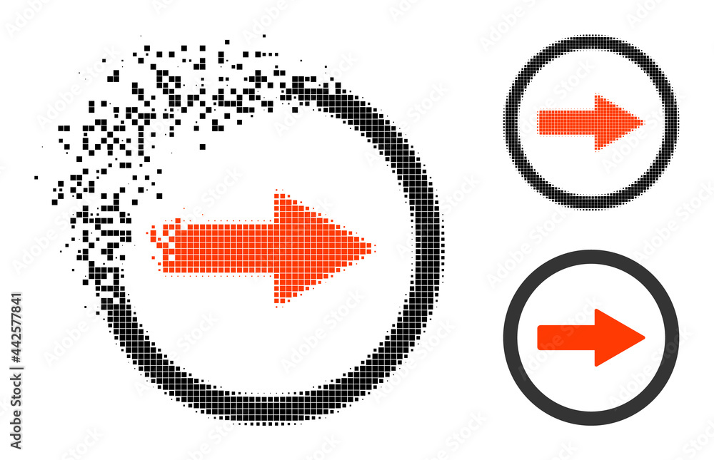 Fragmented pixelated rounded right arrow pictogram with halftone ...