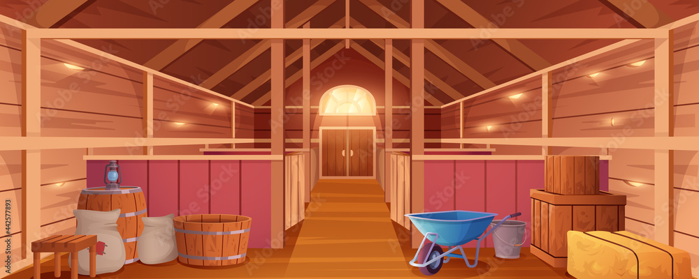 Horse stable interior or barn for animals. Farm house inside view ...
