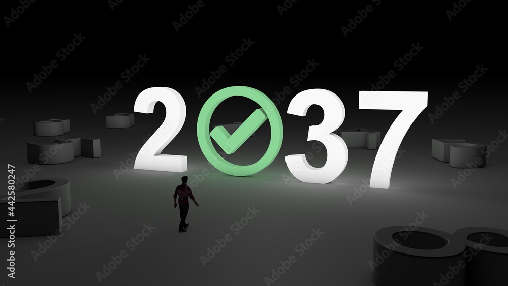 3D illustration of the number 2037 with Check mark icon with and man ...