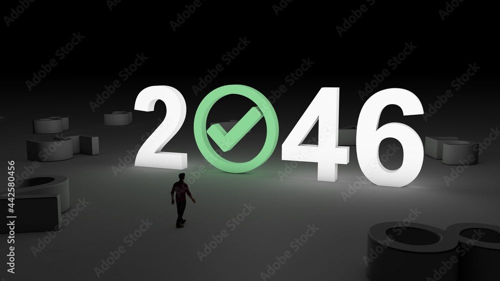 3D illustration of the number 2046 with Check mark icon with and man ...