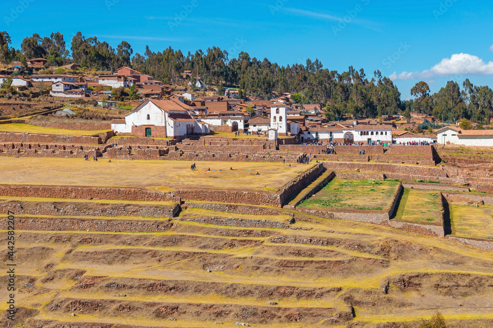 Chinchero town with church tower built on Inca ruin with agriculture ...