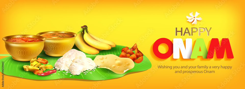 Happy Onam greeting banner with traditional food (sadya) served on ...