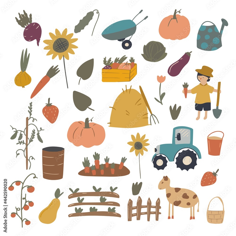 A large set of elements and characters of the cartoon farm. A person ...