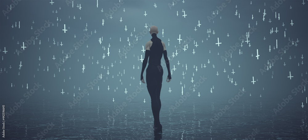 Demon Spirit Very Tall Woman in Black Standing in Water and Floating ...