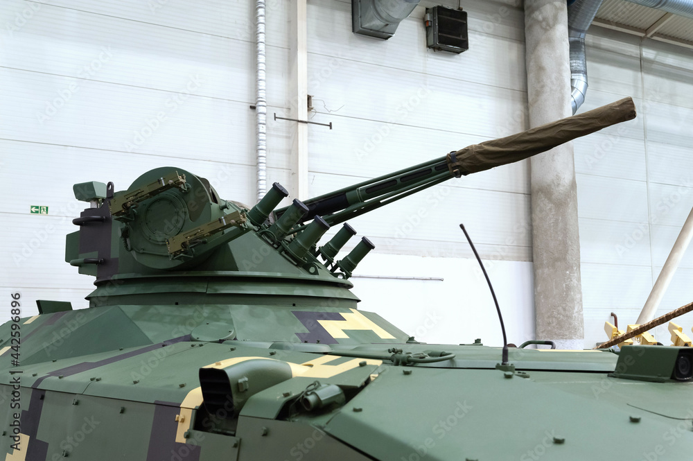 Infantry fighting vehicle. Close-up of a tracked armored vehicle tank ...