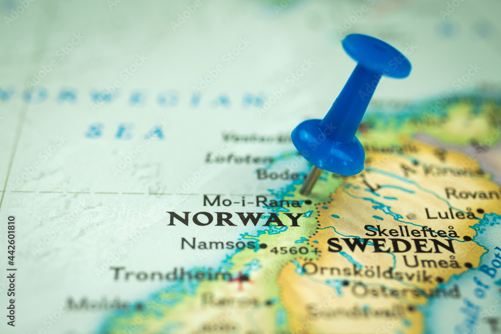 Location Norway, push pin on map close-up, marker of destination for ...