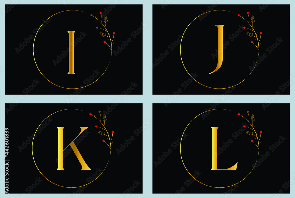 initial letter monogram Floral black and gold hand drawn alphabet ...