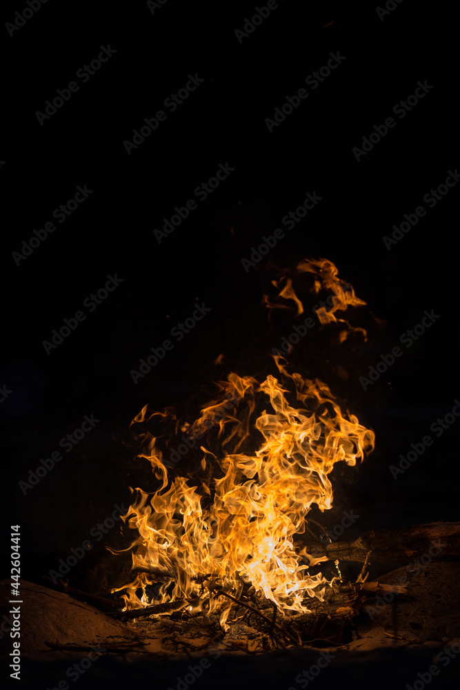 A bright bonfire on a solid black background. Flames of fire look like ...