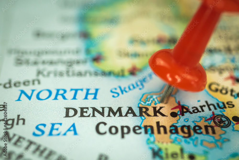 Location Denmark, push pin on map close-up, marker of destination for ...