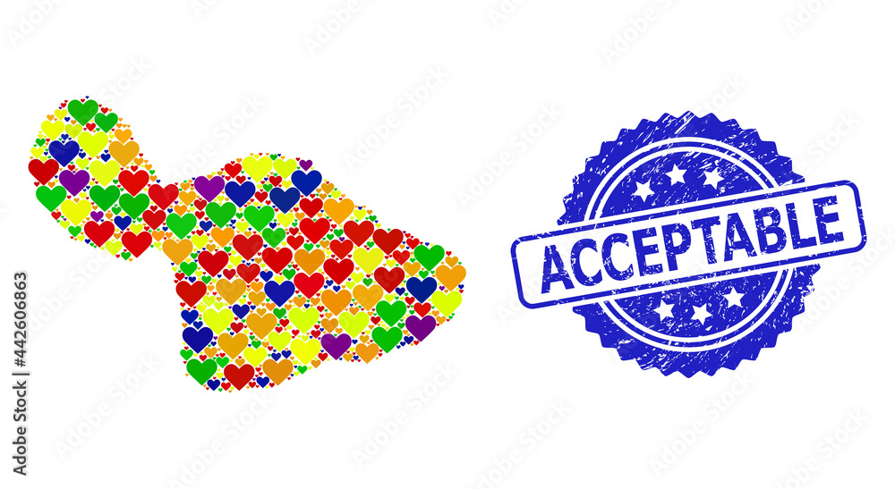 Blue rosette grunge seal with Acceptable message. Vector mosaic LGBT ...