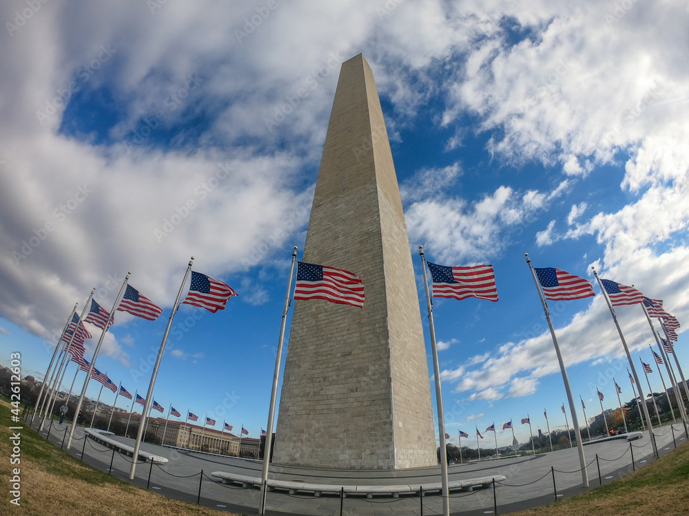 Wide angle perspective of Washington, DC National monument and flags of ...