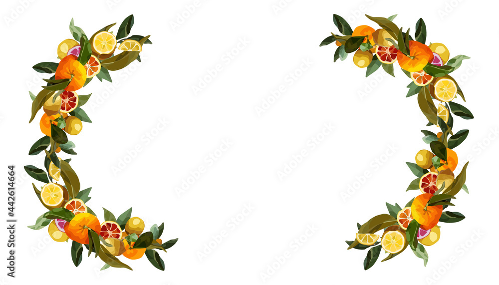 Frame of orange branches. Vector border for lemonade labels, summer ...
