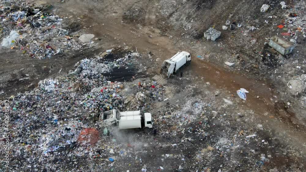 Garbage dump with plastic bags and food waste. Arial view of garbage ...