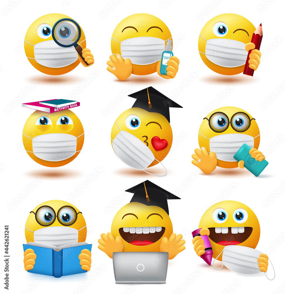 Smiley covid-19 students vector set. Emojis student characters wearing ...