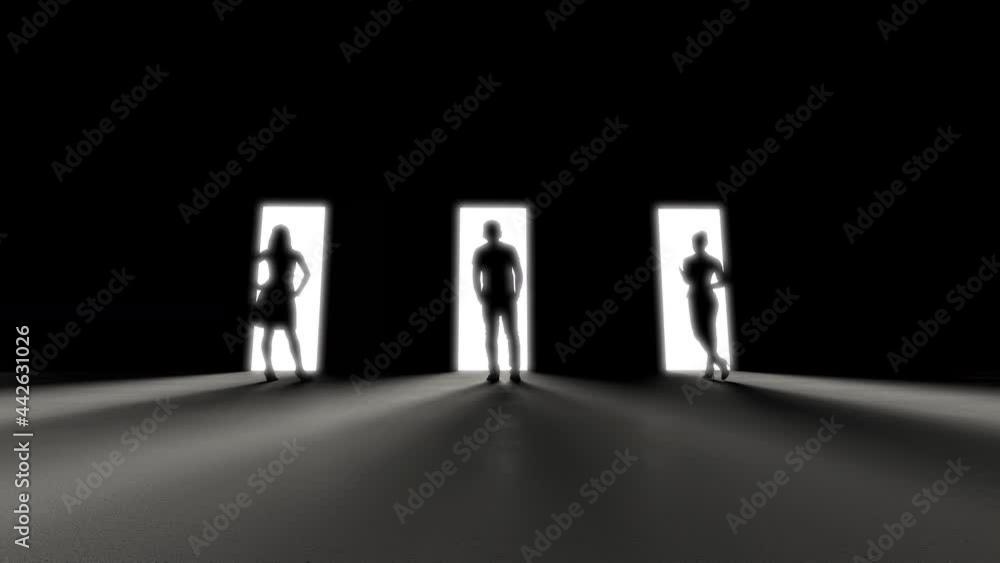 Three people are standing at three opening doors in the dark, rays of ...