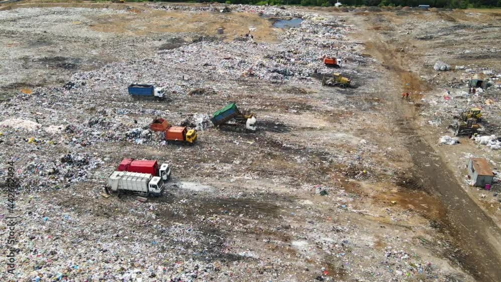 Garbage dump with plastic bags and food waste. Arial view of garbage ...