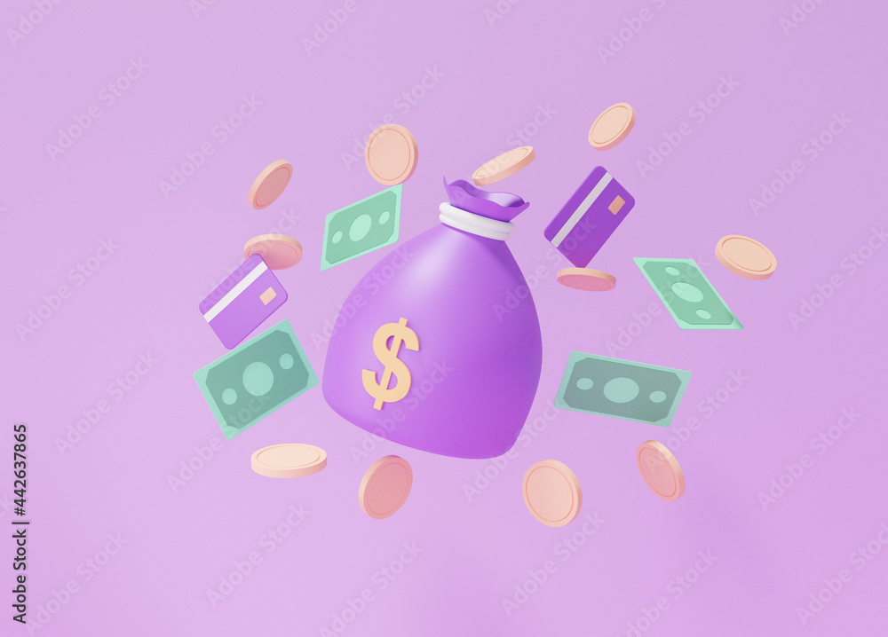 Bag purple money float, banknotes, coins, credit debit card, earn ...
